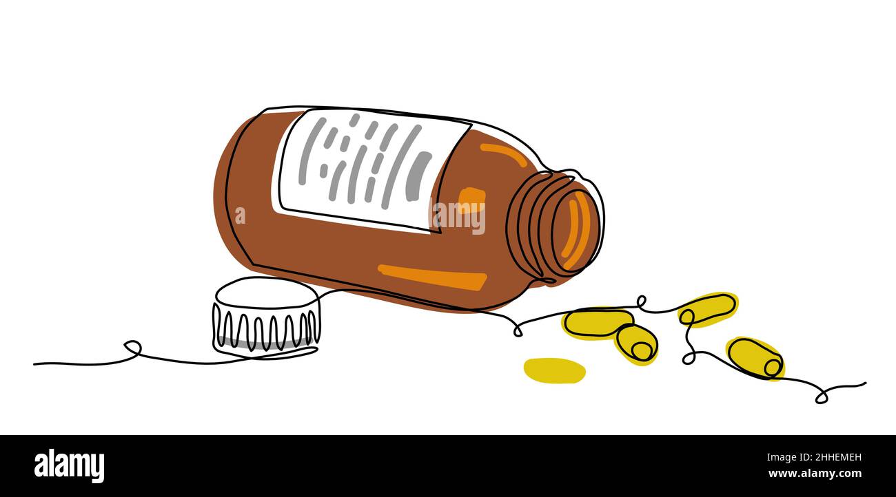 Bottle with scattered pills, tablets, capsules, vitamins. One ...