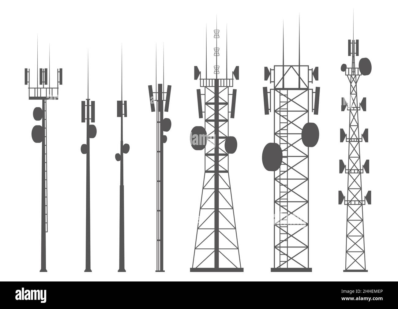 Transmission cellular towers silhouette. Mobile and radio communications towers with antennas ...
