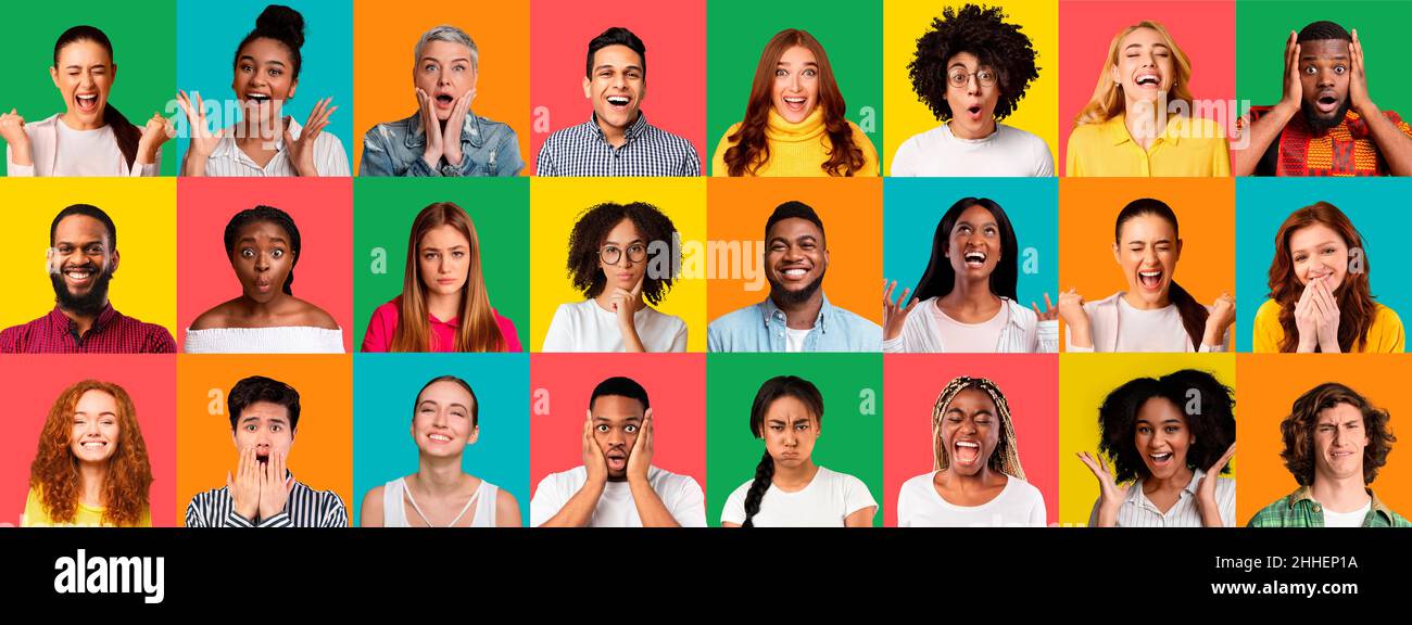 Beautiful people posing on colorful studio backgrounds, showing ...