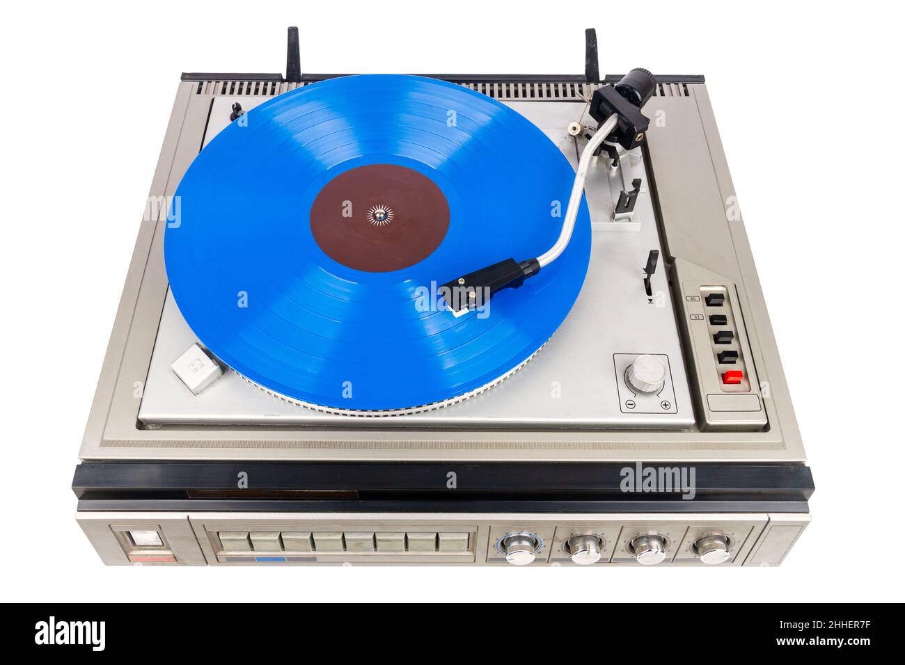 Vintage turntable record player with blue vinyl isolated on white ...