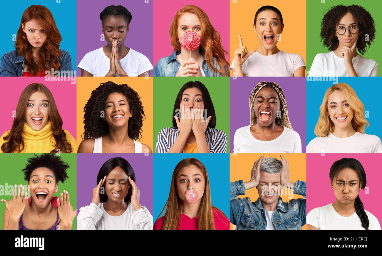 Collage of diverse women expressing different emotions on colorful ...