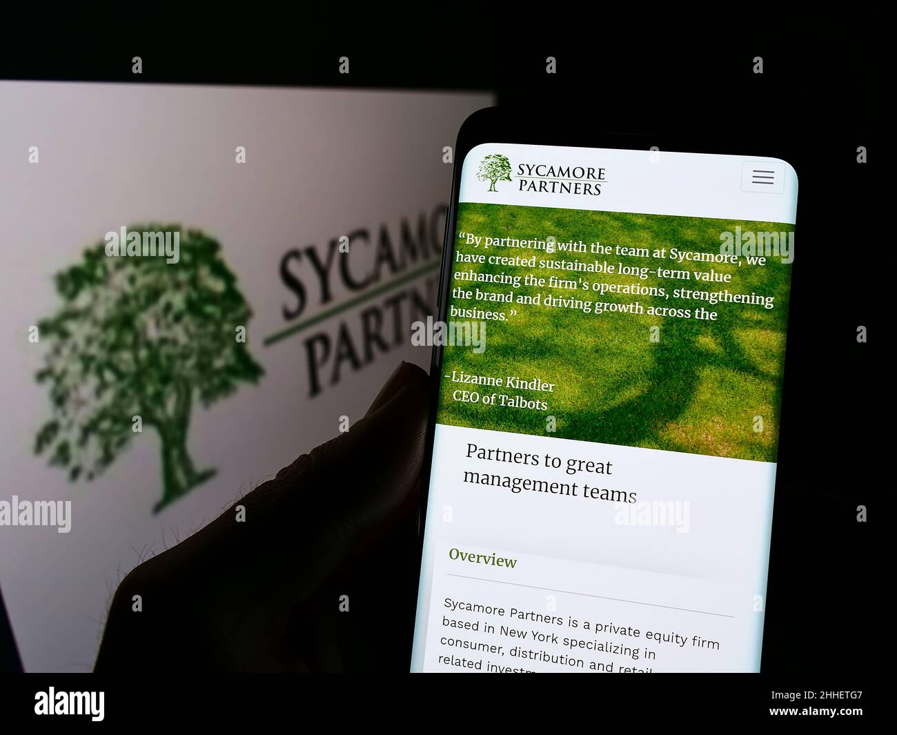 Person holding cellphone with webpage of US private equity company ...