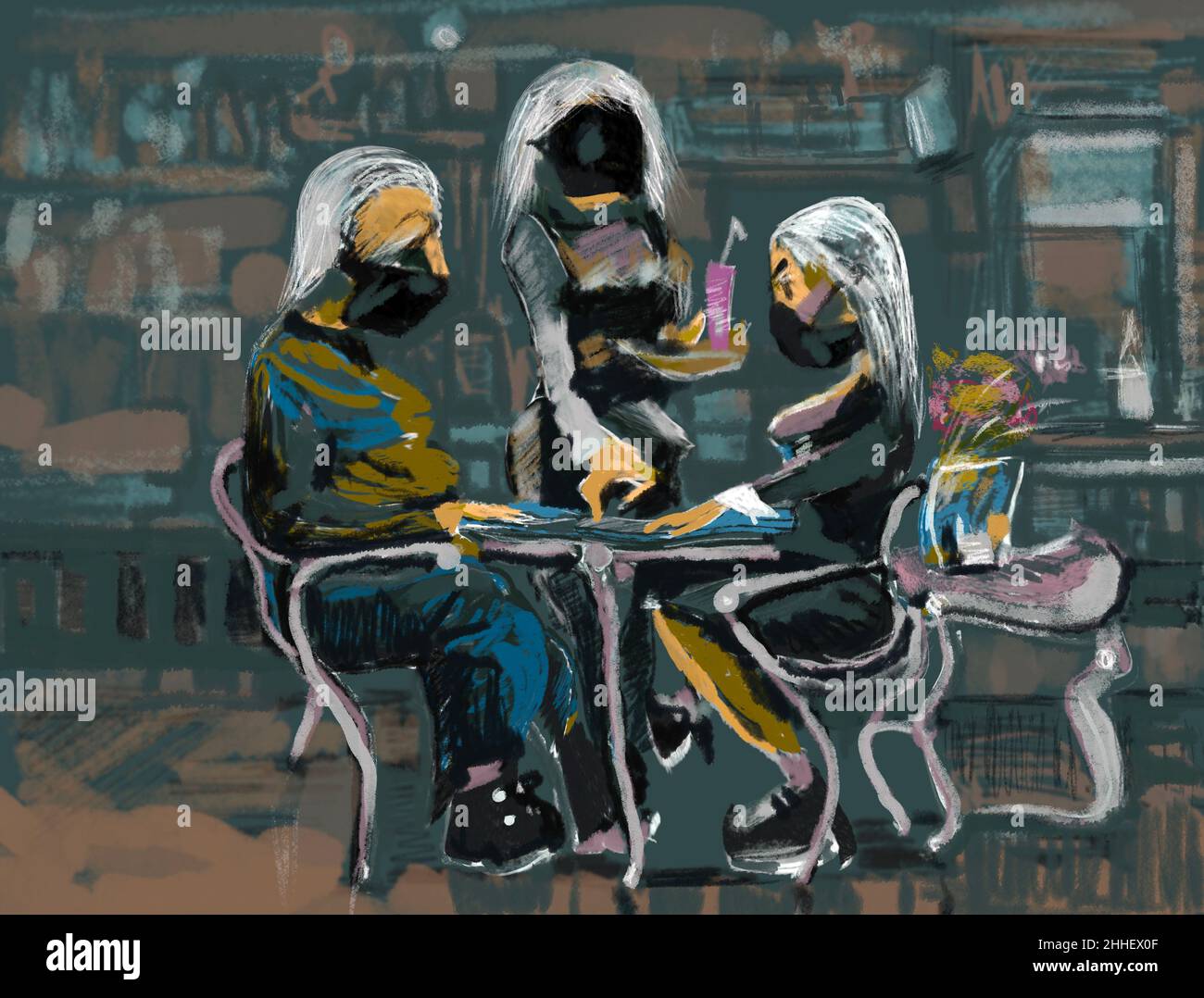 illustration of a couple and waitress wearing masks in restaurant Stock ...