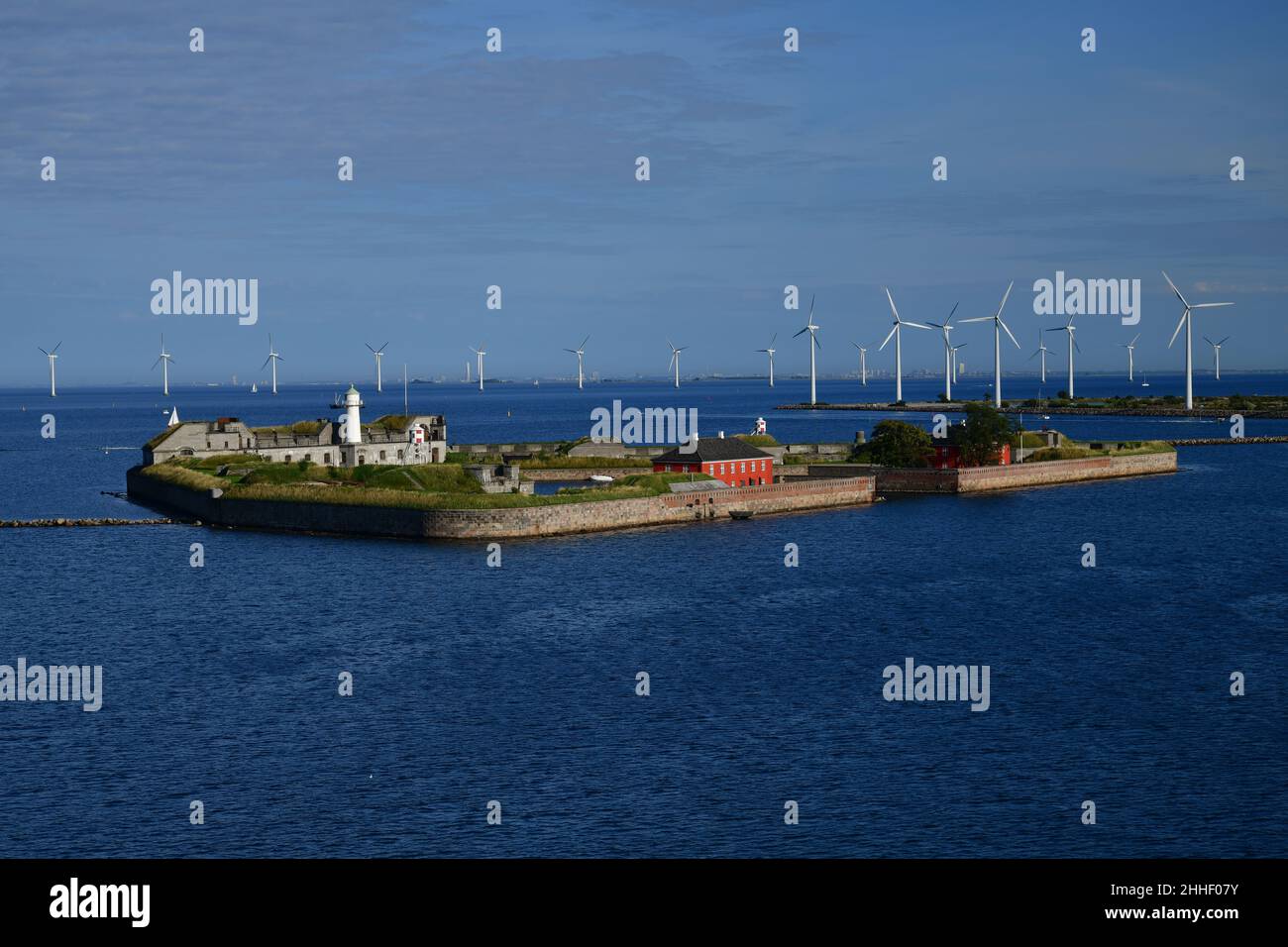Trekroner Fort, in Copenhagen Harbour, with a wind farm behind ...