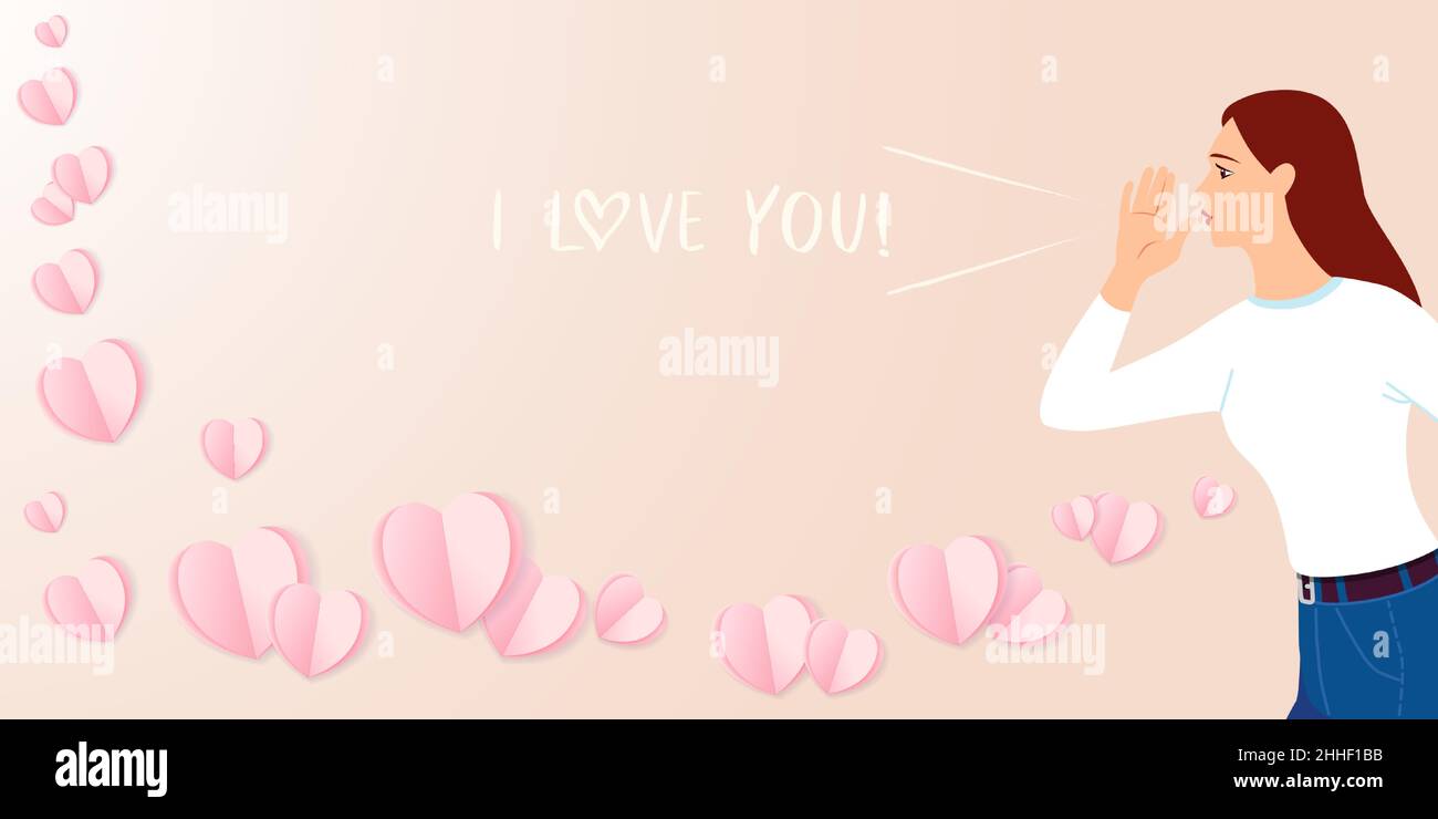 Valentine card with origami hearts and girl shouting - I love you. Cute ...