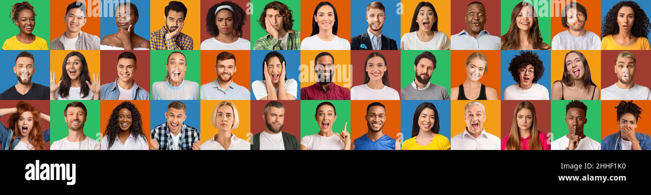 Portraits set of diverse people smiling, expressing excitement ...