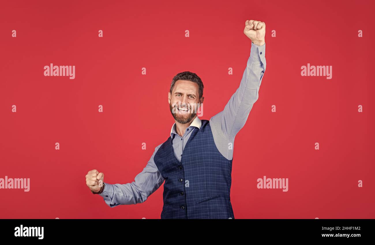 good looking man in fashionable business wear feel happiness, human ...