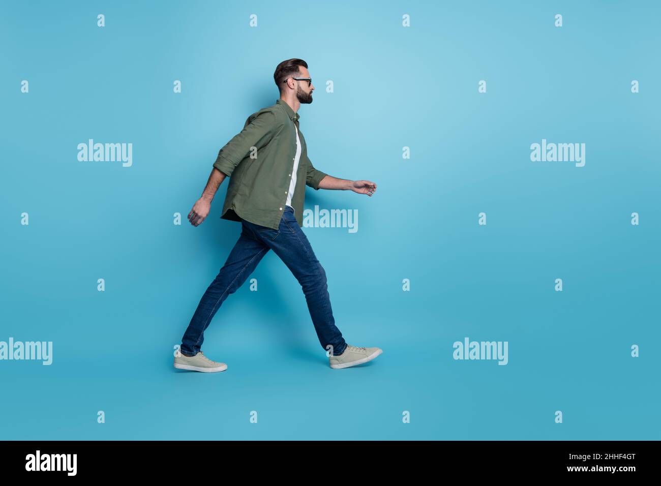Profile photo of intelligent employee guy walk career steps wear specs ...