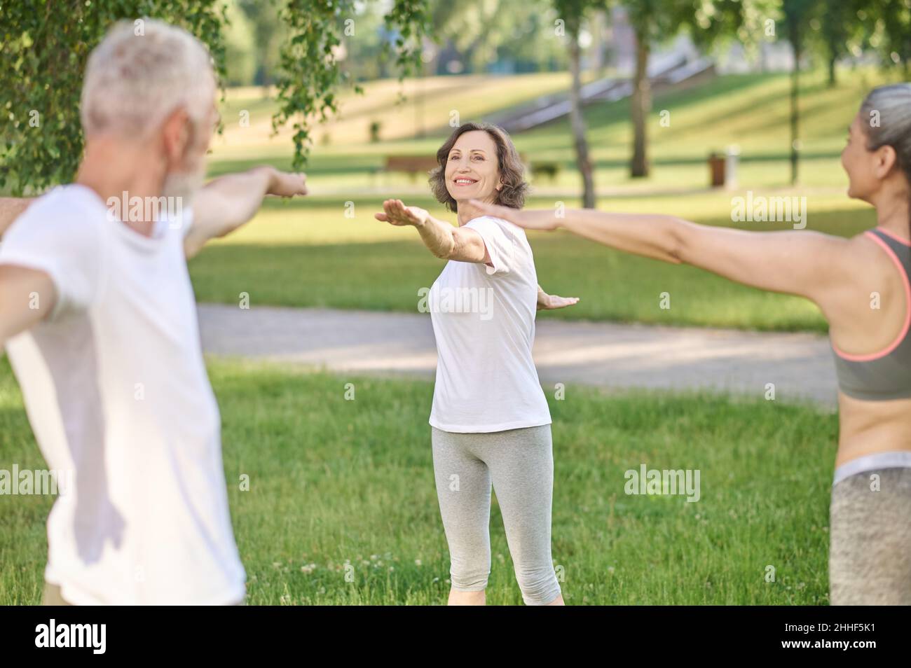 Group of people doing morning exercises in the park Stock Photo - Alamy