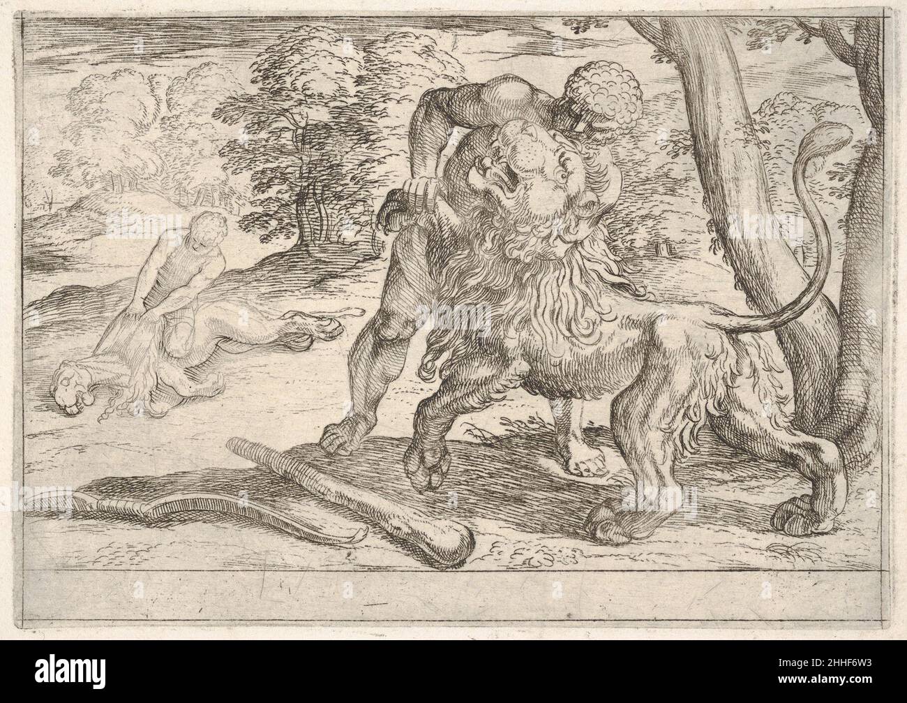 Hercules and the Nemean Lion: Hercules grasps the front right leg of ...