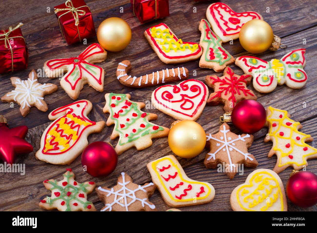 Christmas cookies on brown wooden table. Top view and mock up Stock ...