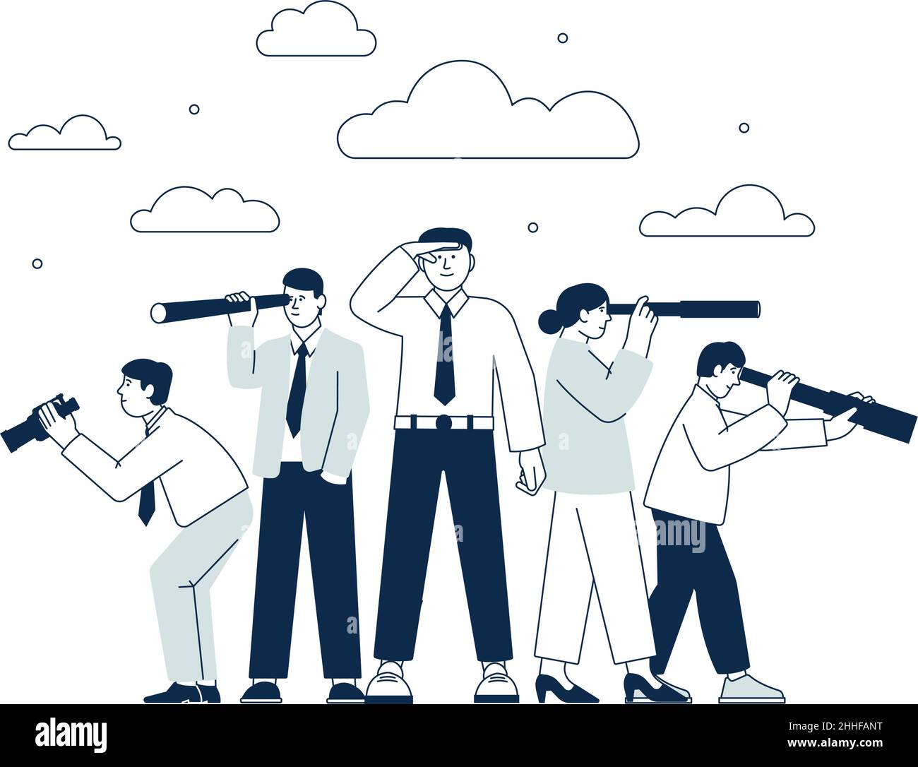 Business people looking in future. Team stand with binocular, search ...