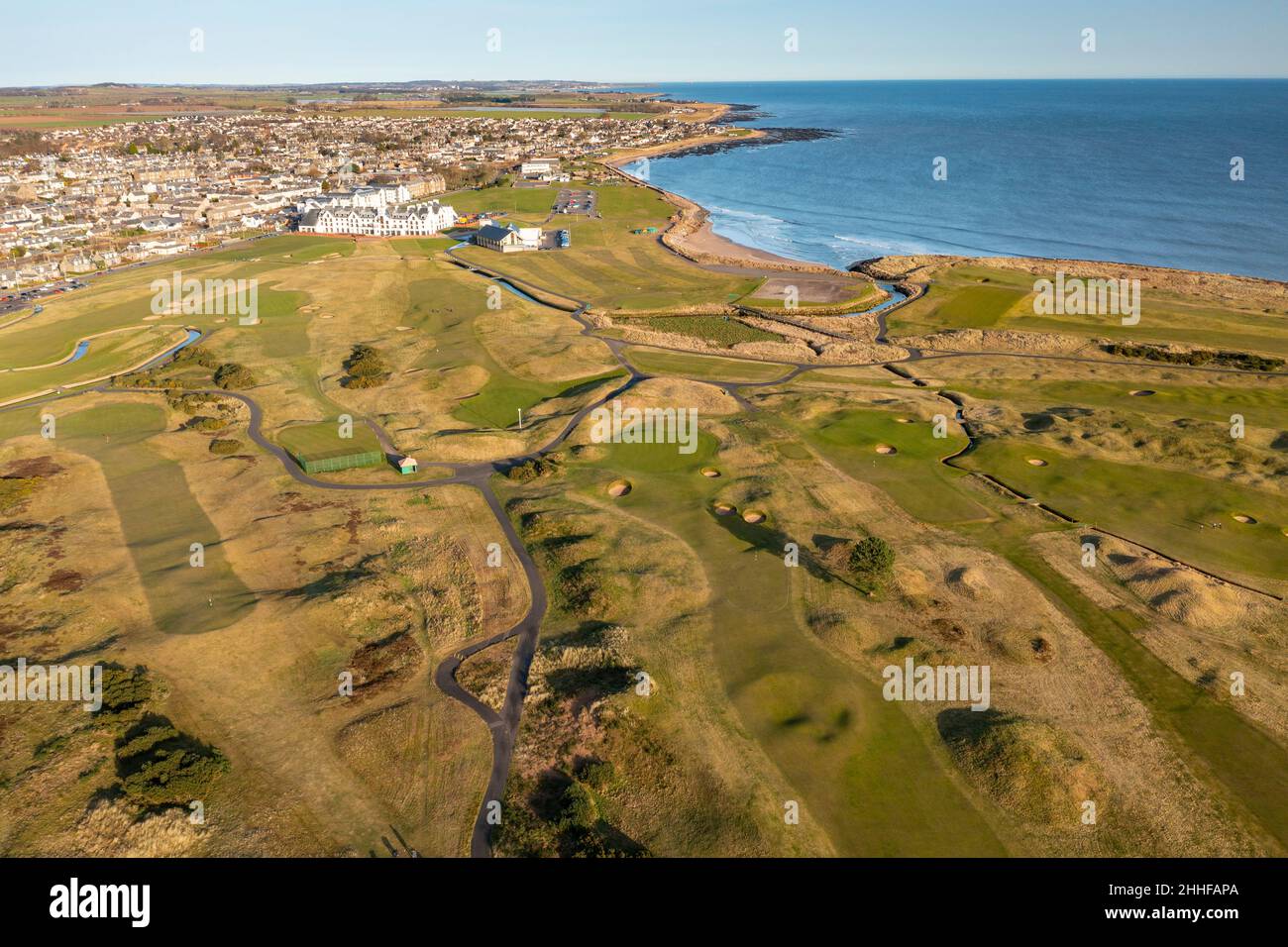 Aerial view from drone of Carnoustie Golf Links golf course in ...