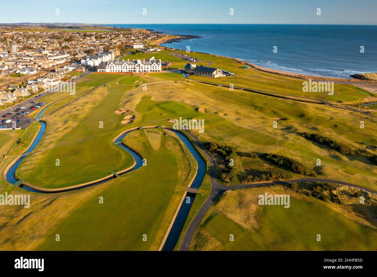 Aerial view from drone of Carnoustie Golf Links golf course in ...