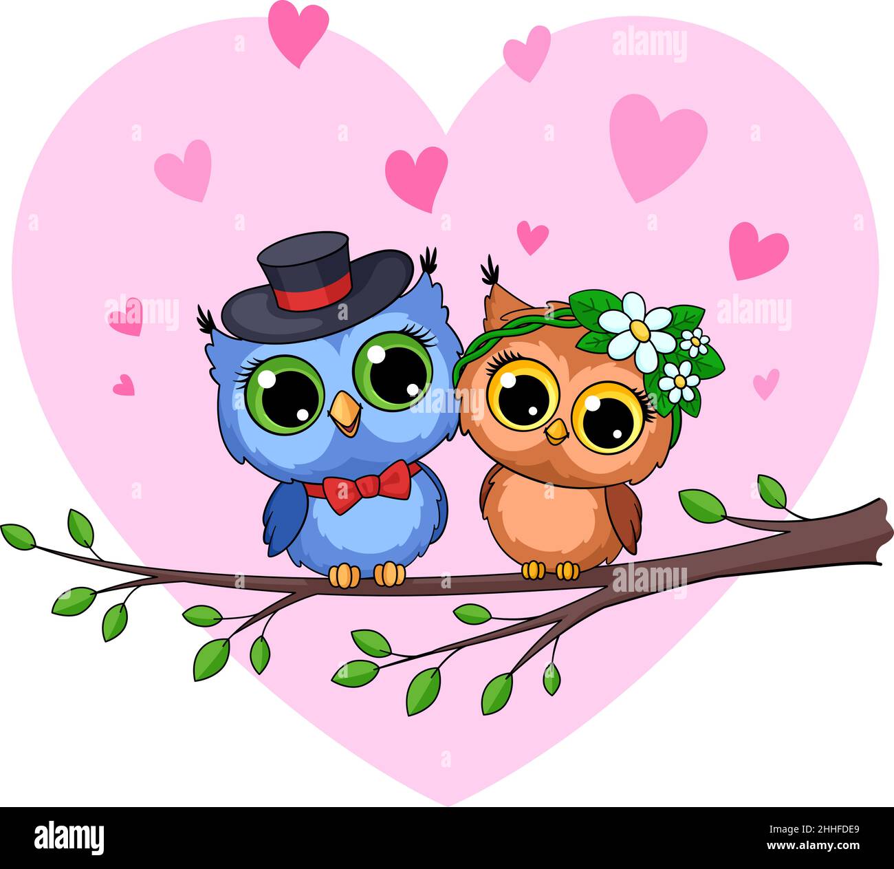 Owl in love. Cute owls sitting on branch, cartoon night forest birds ...