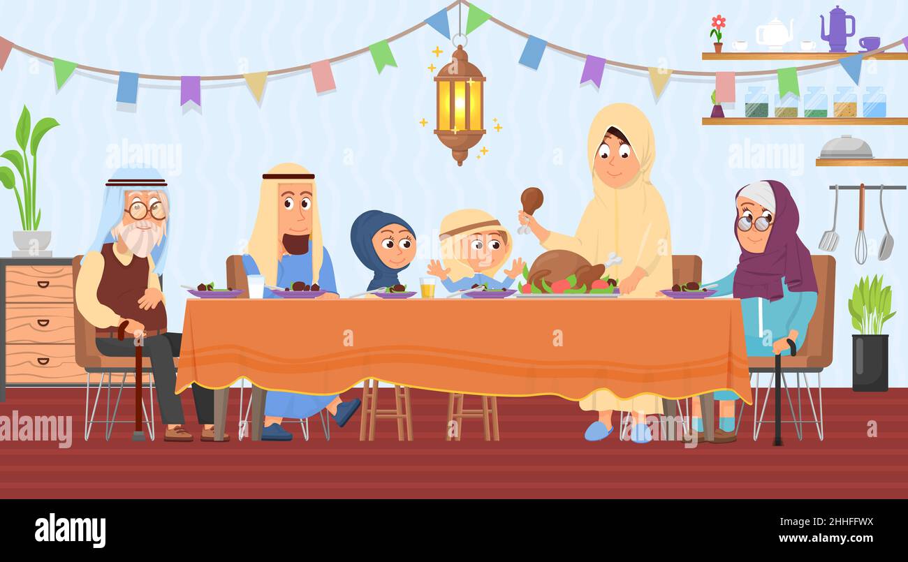 Ramadan dinner. Muslim family, iftar party at home. Arabian lantern ...