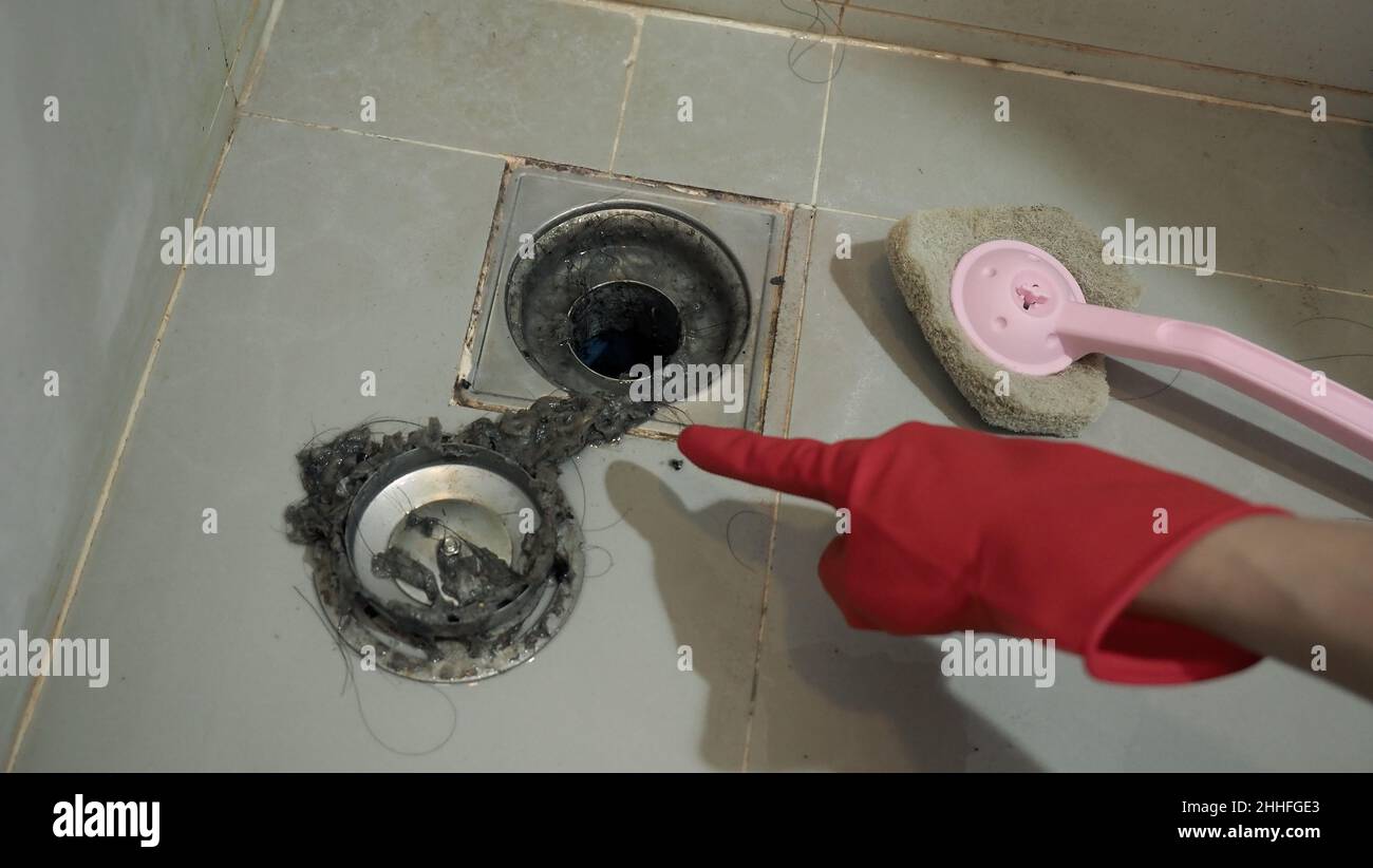 Drain cleaning. Clogged and dirty sewer pipes floor drain. Full of hair ...