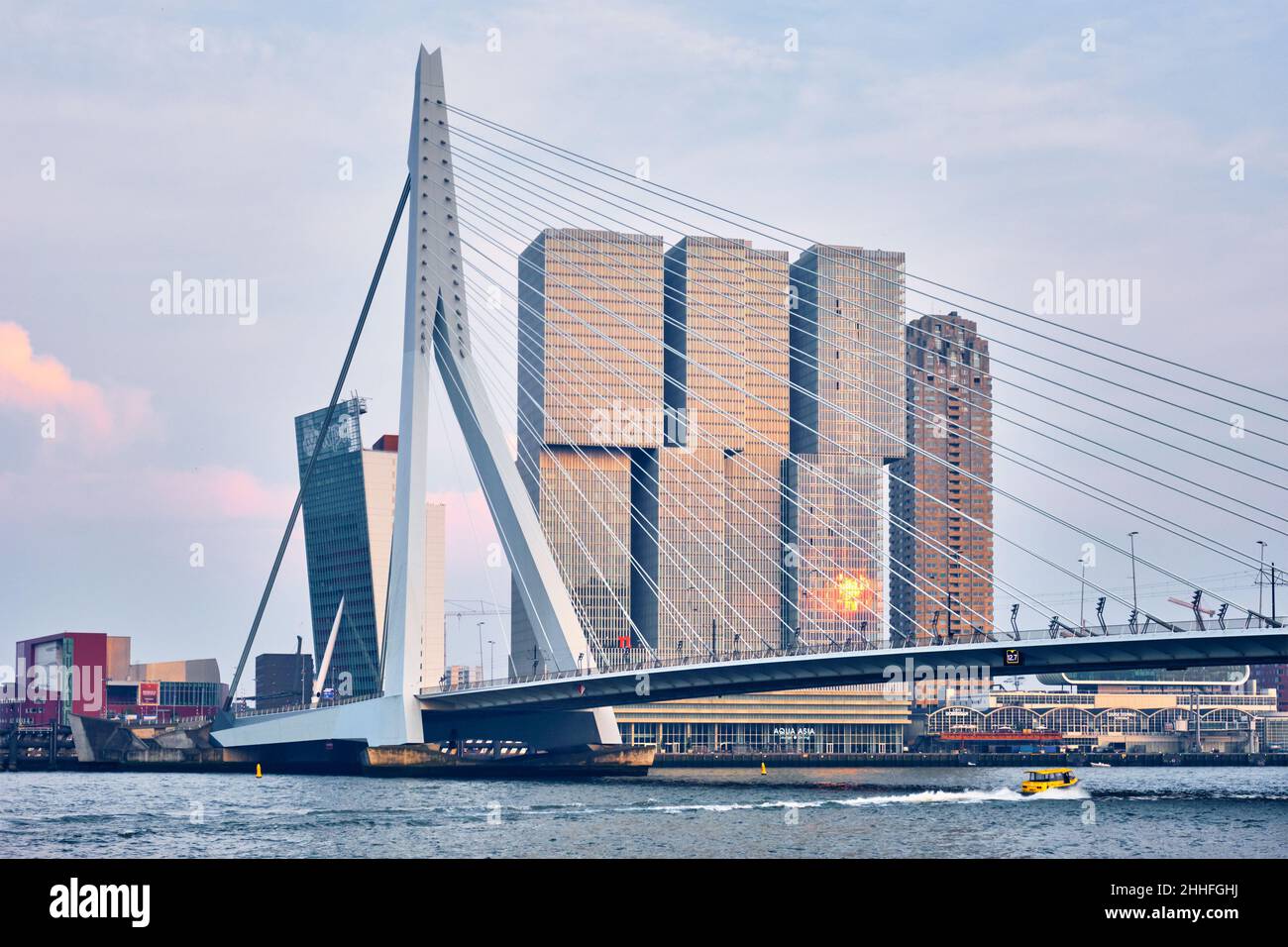 Rotterdam cityscape and Erasmus bridge over Nieuwe Maas on sunset ...