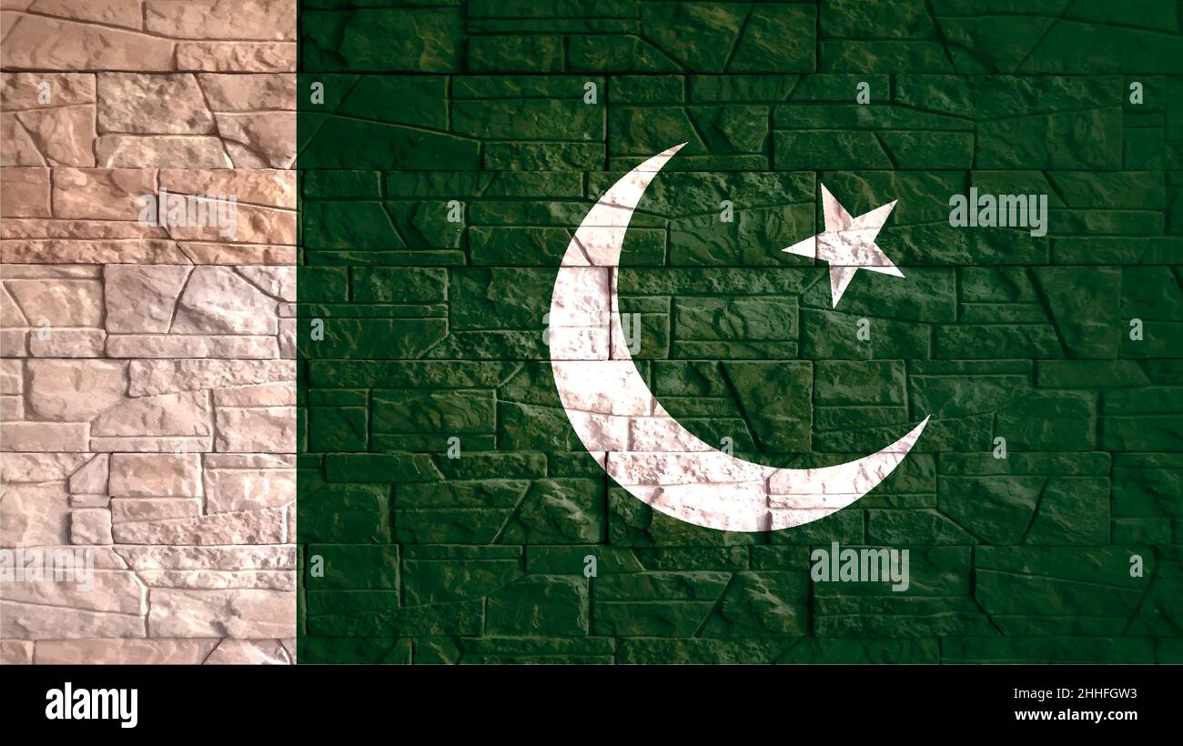 Pakistan flag with gray stone wall tiles texture. Texture of old poster ...