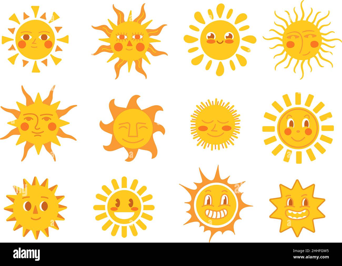 Yellow sun characters. Smile sun, summer weather emoticon. Cute comic ...
