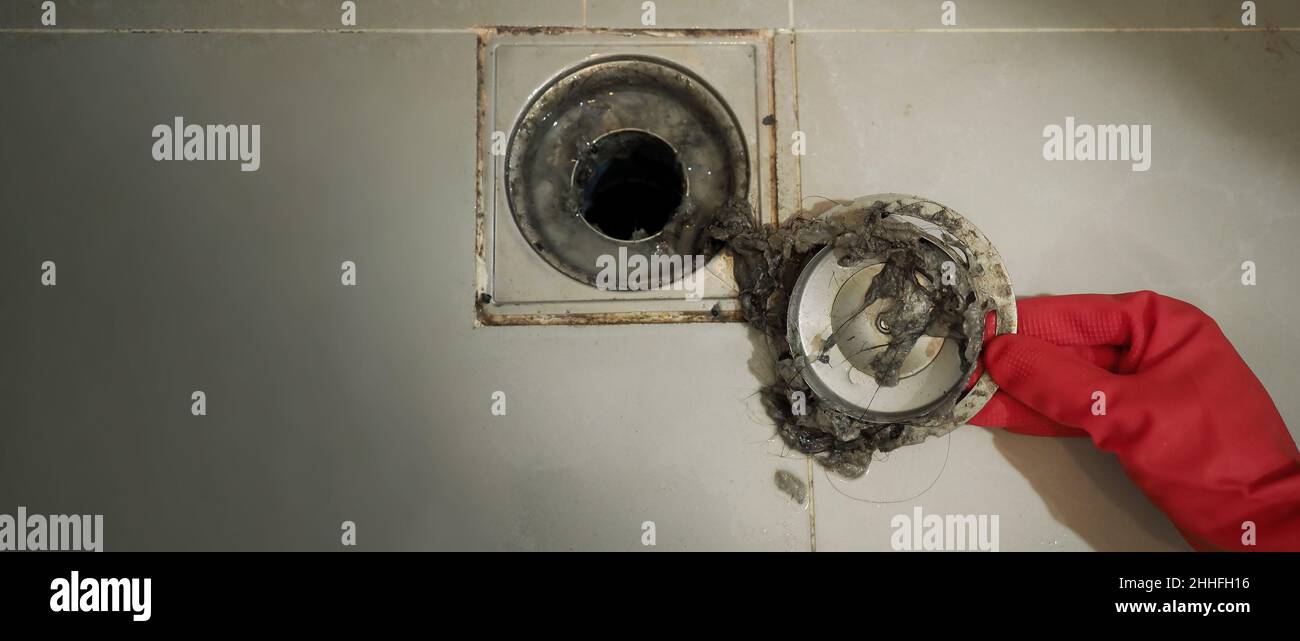 Drain cleaning. Clogged and dirty sewer pipes floor drain. Full of hair ...