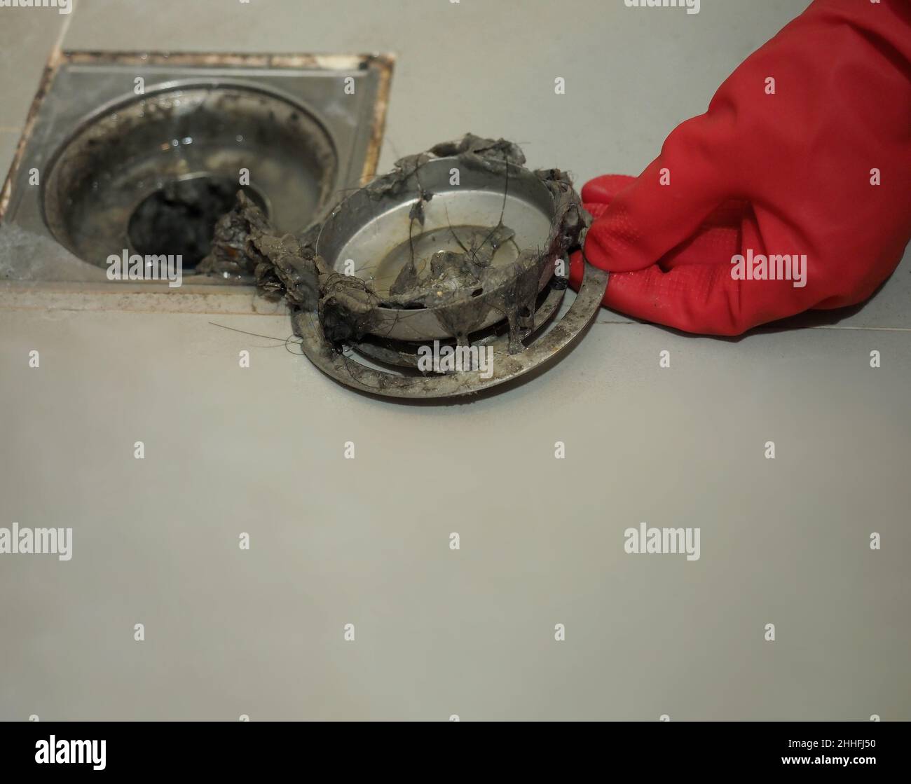 Drain cleaning. Clogged and dirty sewer pipes floor drain. Full of hair ...