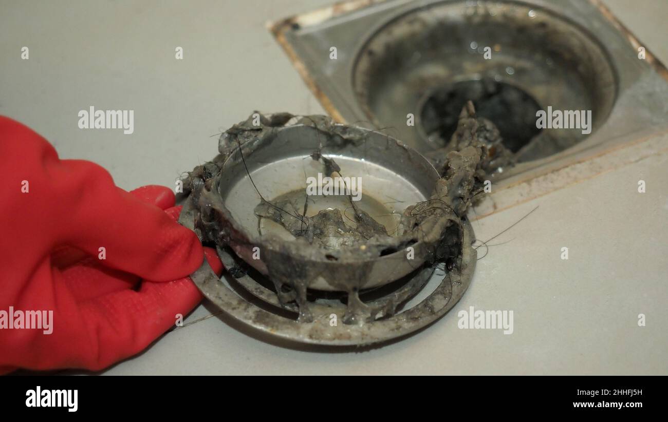 Drain cleaning. Clogged and dirty sewer pipes floor drain. Full of hair ...