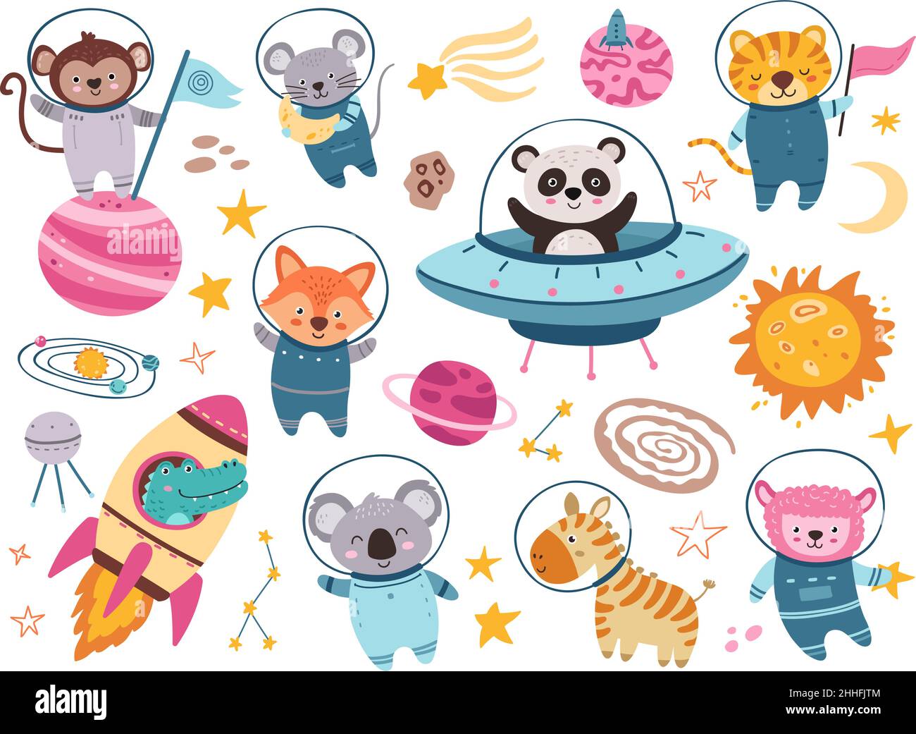 Space animals set. Panda astronaut in spaceship, cartoon animal. Dog ...
