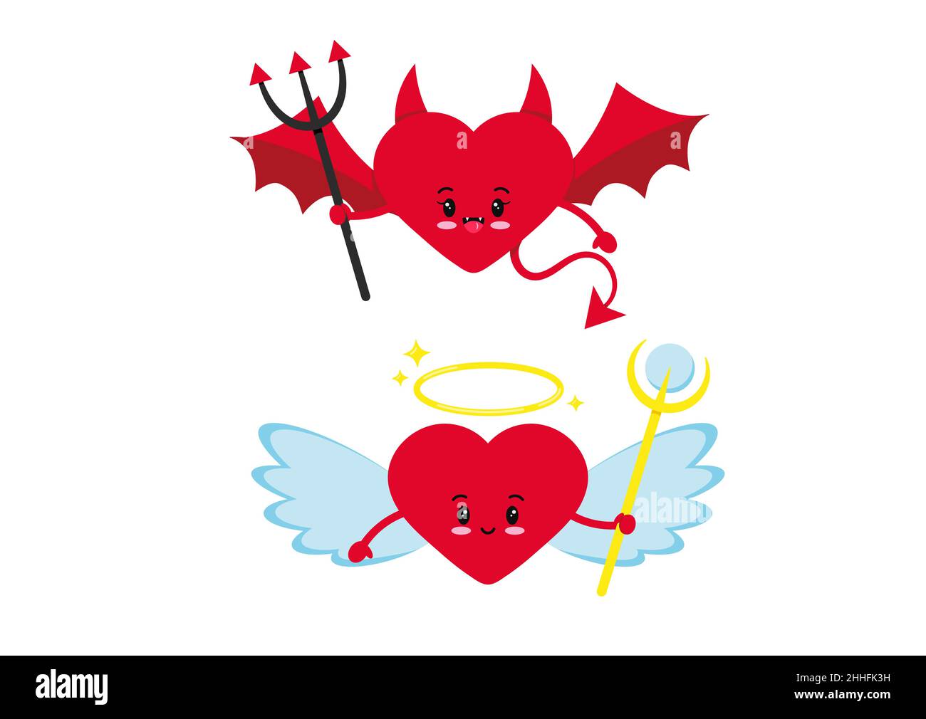 Angel and devil or demon heart character icon set isolated on white ...