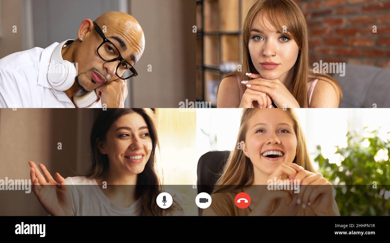 Set of images of happy girls and sad man at online meeting. Group video ...