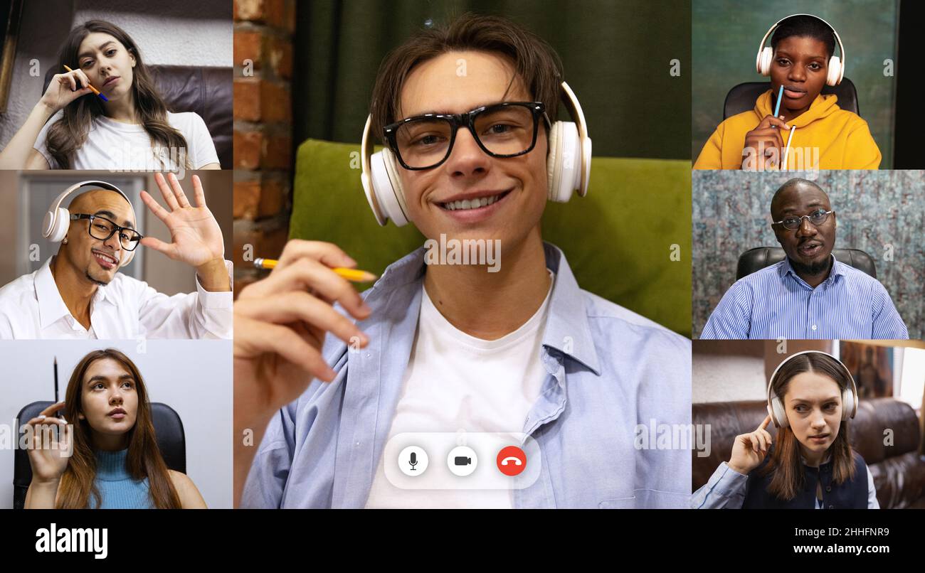 Set of five students at online lesson, class via group video call ...