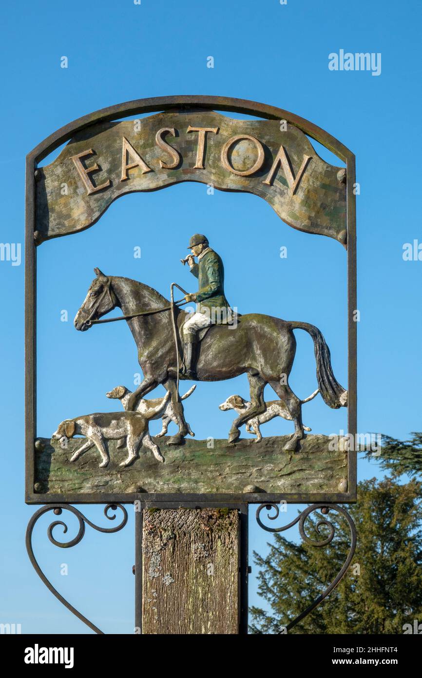 Easton village sign Suffolk, against a blue sky Stock Photo - Alamy