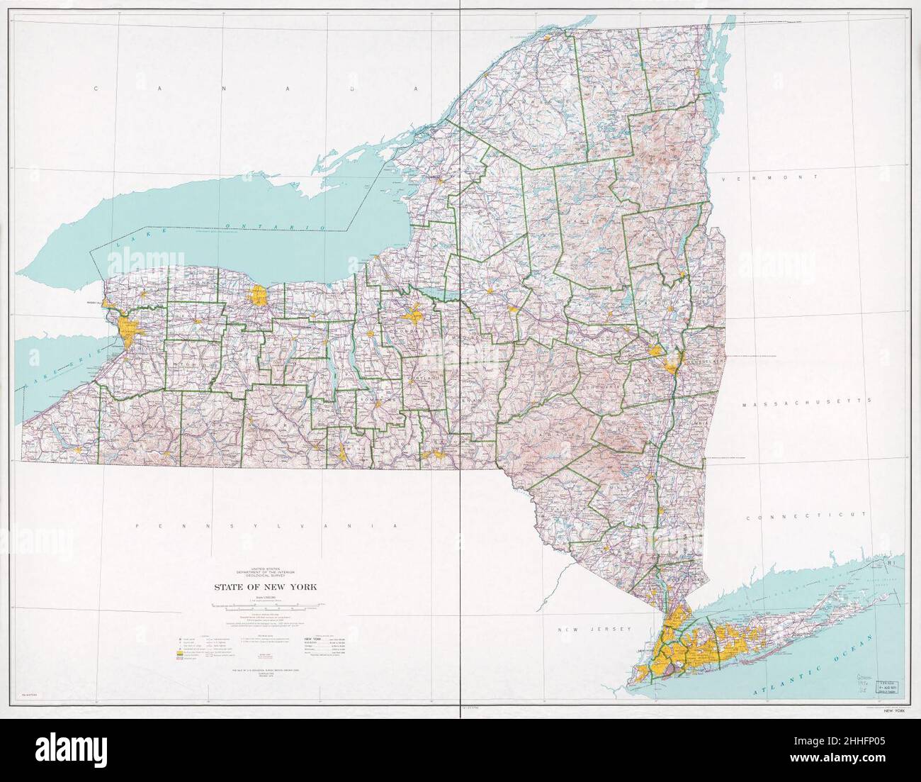 State of New York, base map with highways and contours Stock Photo - Alamy