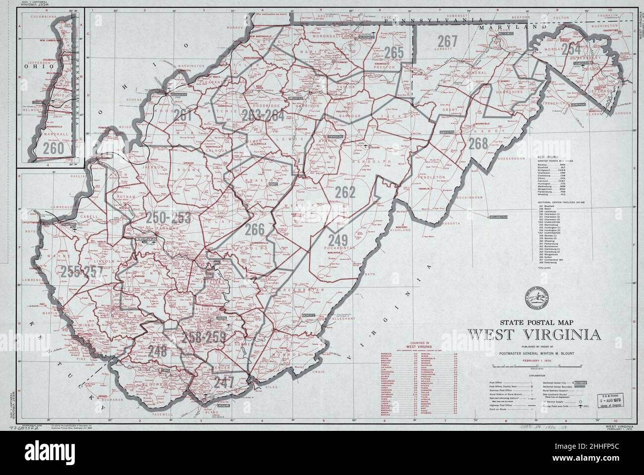 State postal map, West Virginia - February 1, 1970 Stock Photo - Alamy