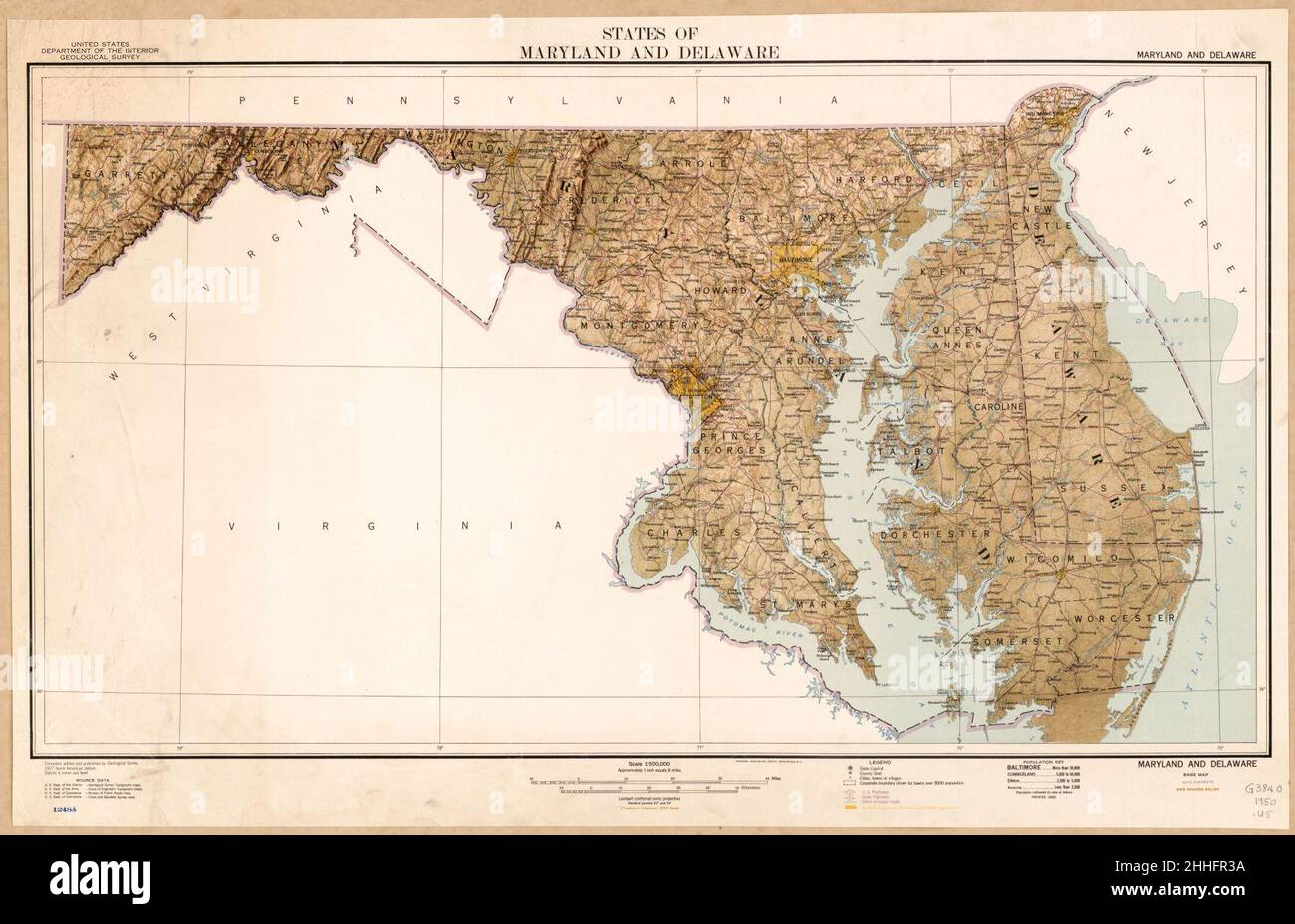 States of Maryland and Delaware - base map with highways and shaded ...