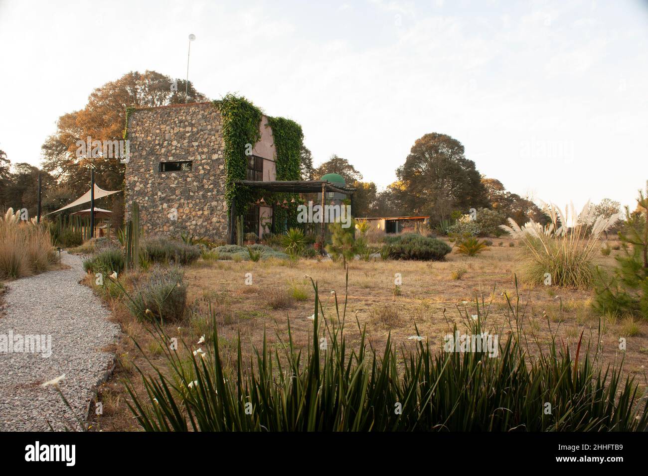 Stone path leading to the elegant architecture of a stone built house ...