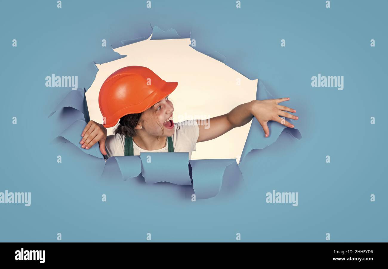 Child protection and safety. Little smiling builder in helmet. happy ...