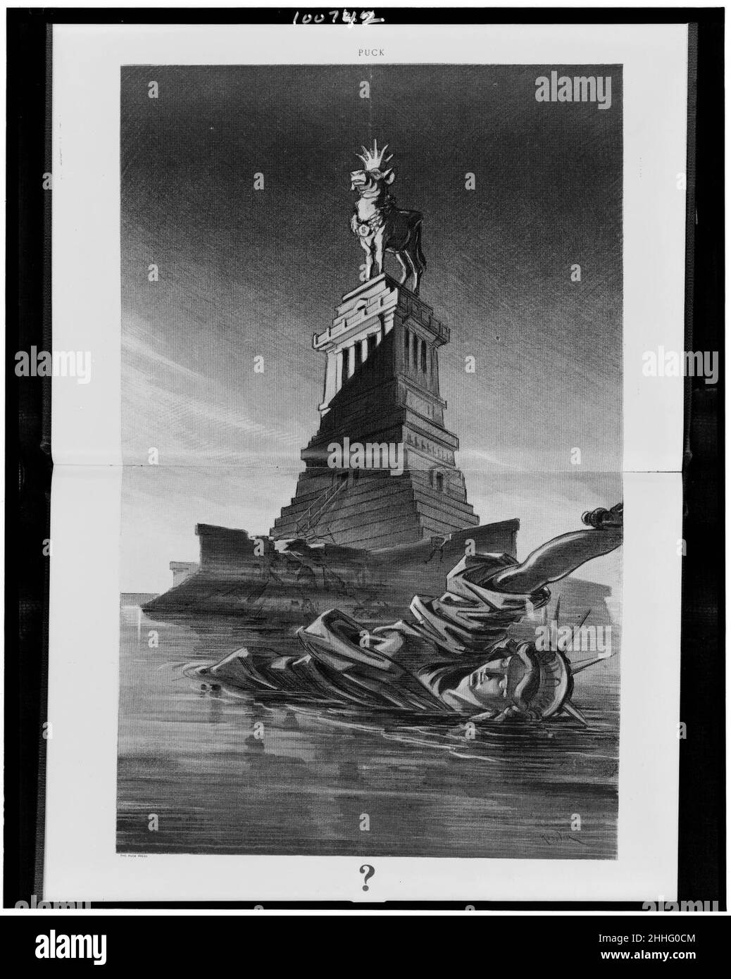 Statue of Liberty floating in bay and statue of cow, wearing crown and ...