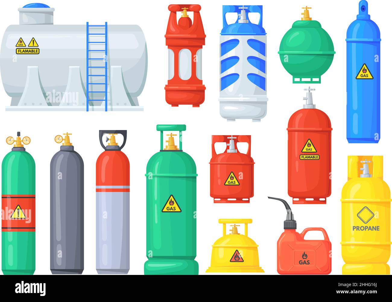 Cartoon gas cylinders. Pressure oxygen cylinder, metal tank with ...