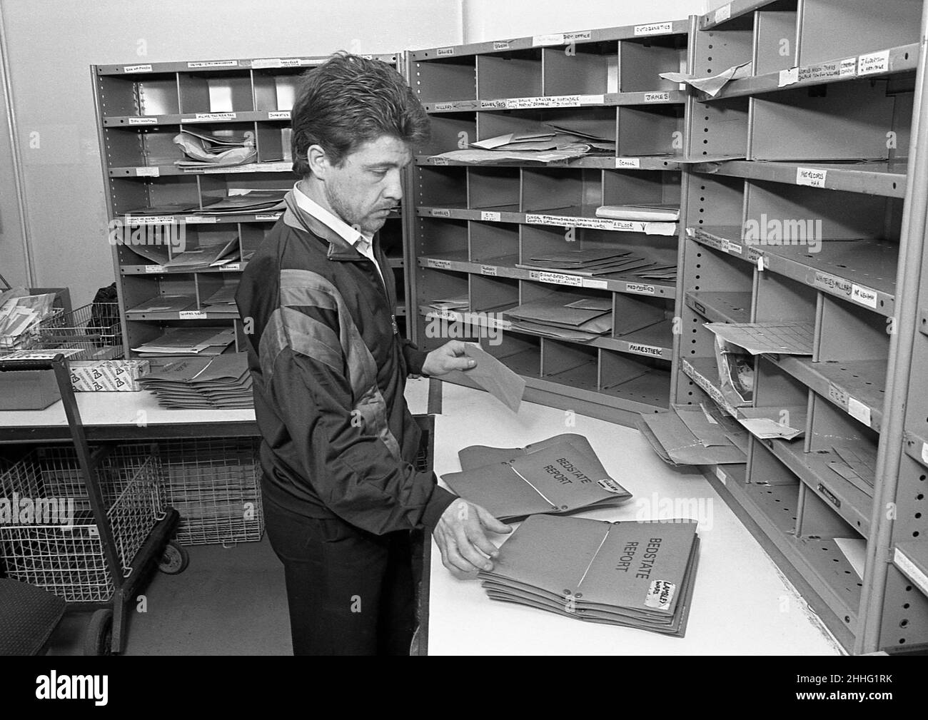 Mail room, hospital, Nottingham UK 1991 Stock Photo - Alamy
