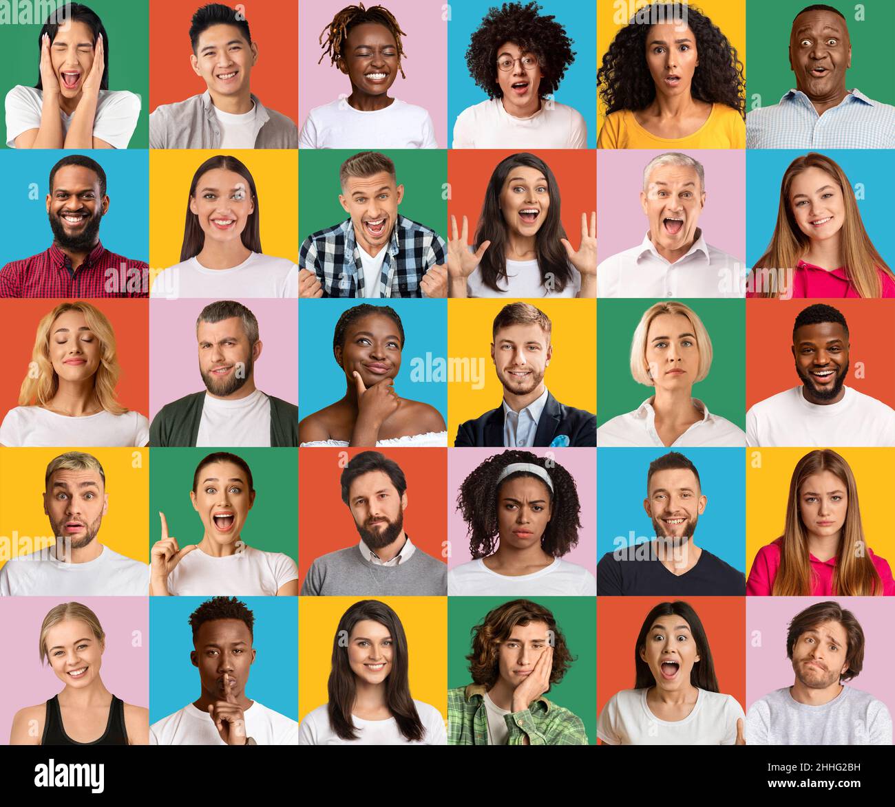 Set of multiethnic people faces showing various emotions to camera ...
