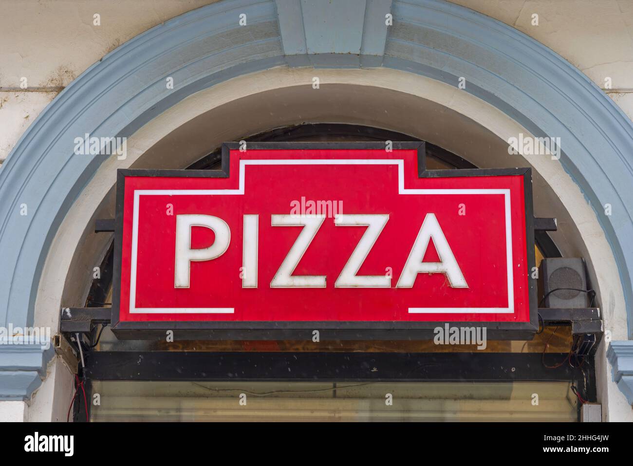 Fast Food Red Sign Pizza at Door Arch Stock Photo - Alamy