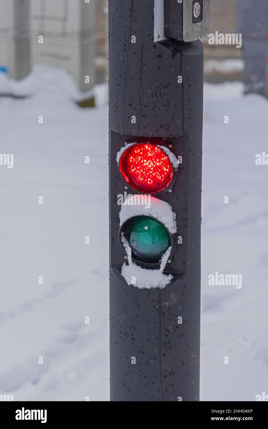 Red Traffic Light for Pedestrians at Winter Snow Stock Photo - Alamy