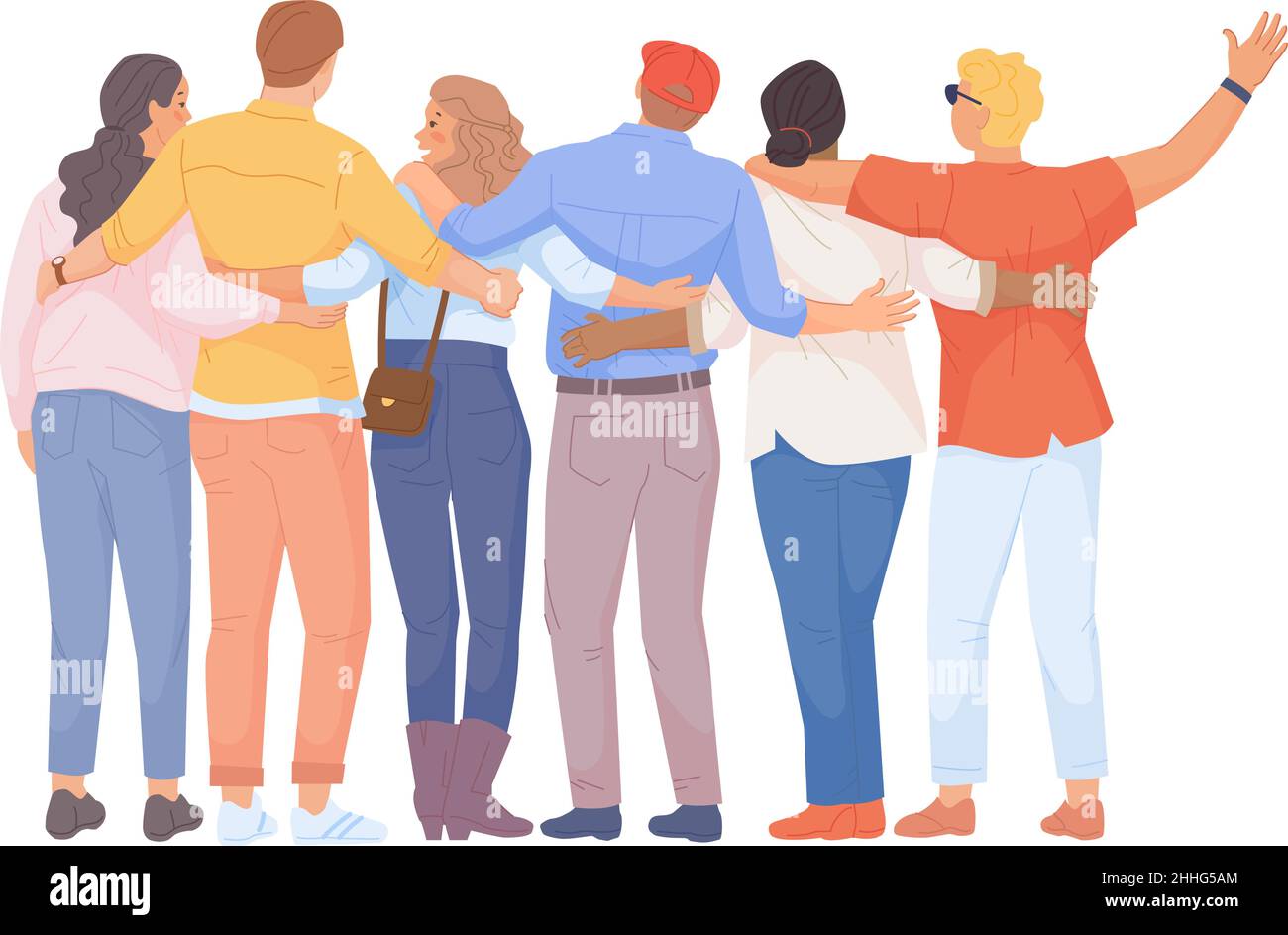 Hugging backs. Group people hugs friends back view, embrace students ...