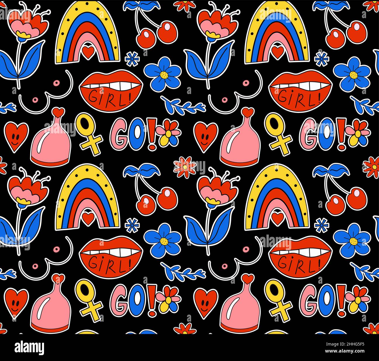 Girl power seamless pattern with fashion patch badges. Feminism. Female ...