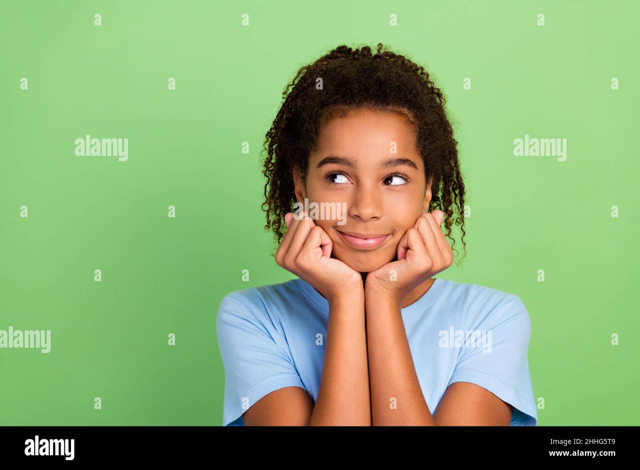 Portrait of attractive trendy cheerful girl overthinking copy empty ...