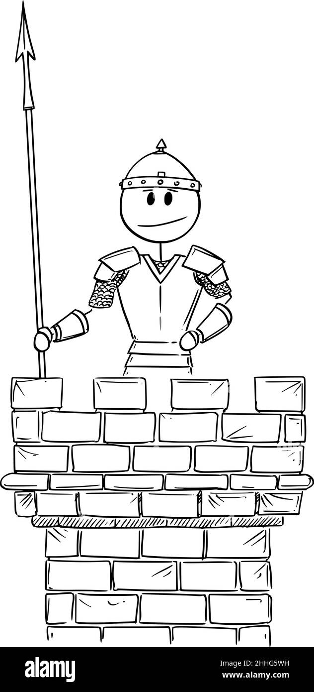 Soldier Guard Guarding on Castle Tower, Vector Cartoon Stick Figure ...