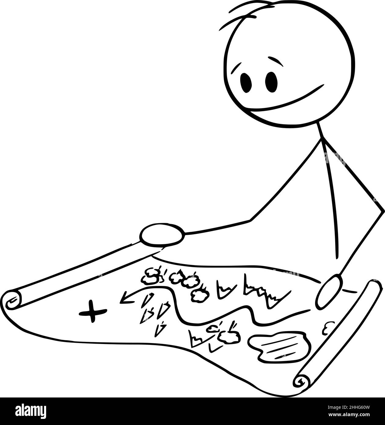 Adventurer Examining Old Treasure Map, Vector Cartoon Stick Figure ...