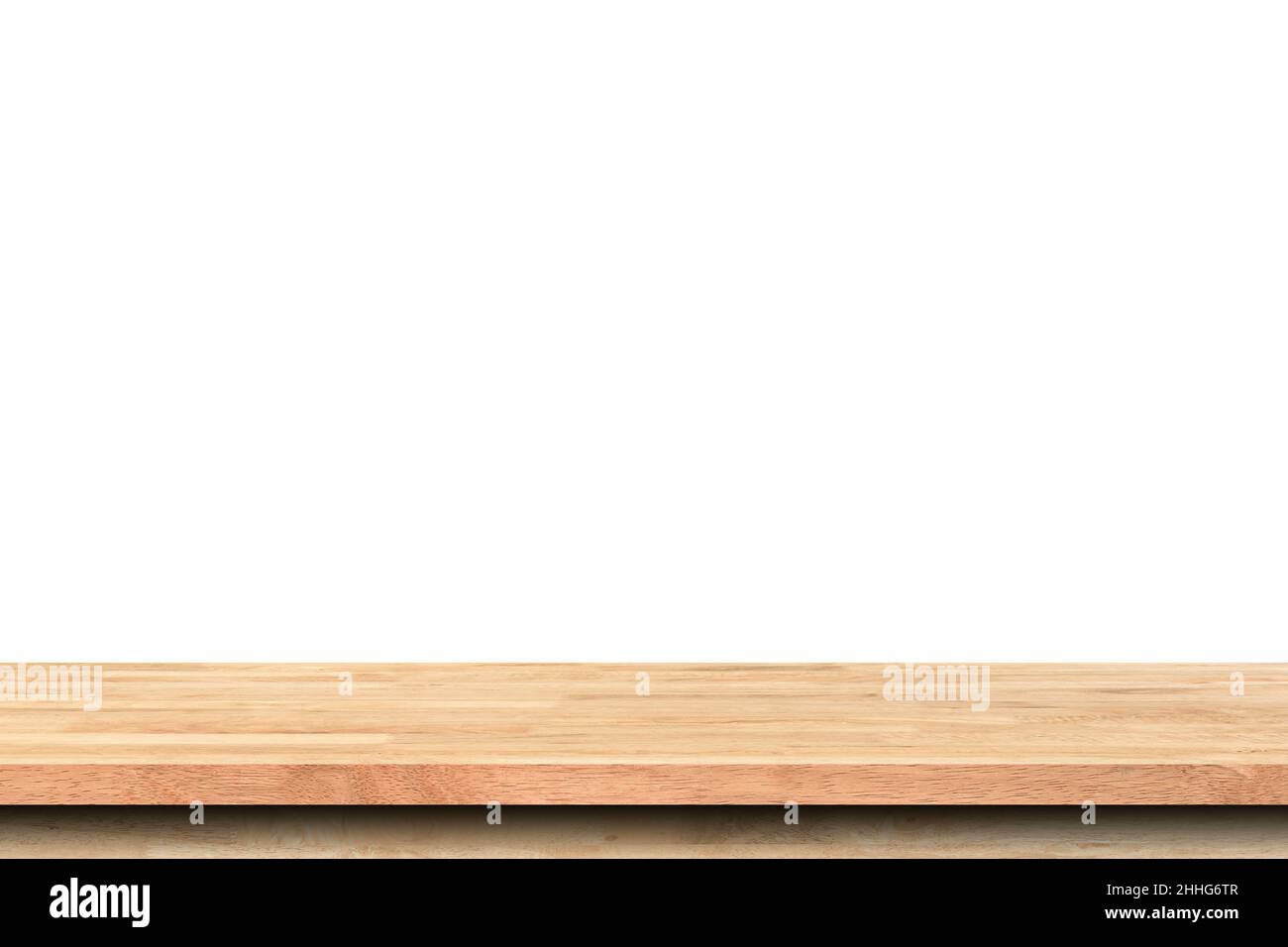Empty old wood table on isolate white background and display montage ...