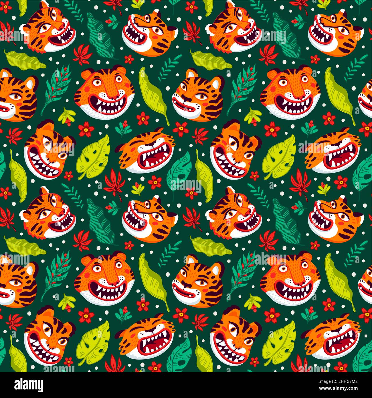 Tiger seamless pattern, vector animal print with cute tigers and ...